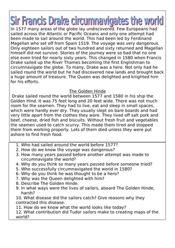 Francis Drake and the Golden Hinde Comprehension | Teaching Resources