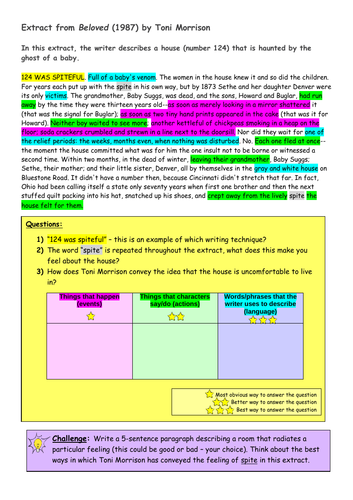 Beloved Toni Morrison extract and worksheets (differentiated ...