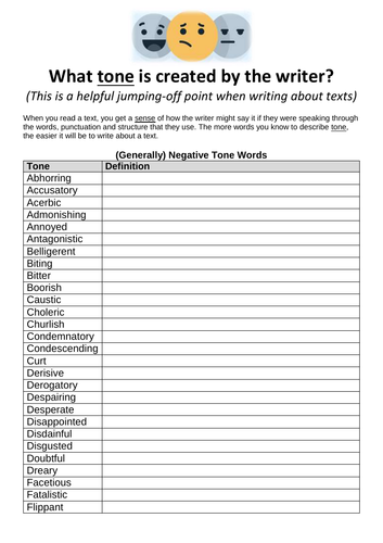 Tone words - worksheets of lots of different tone words | Teaching ...