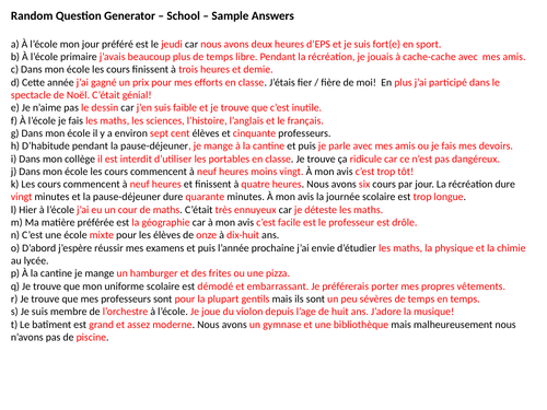 French Random Question Generator - School | Teaching Resources