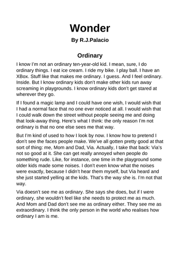 Wonder by RJ Palacio First section 'Ordinary' with questions for ...
