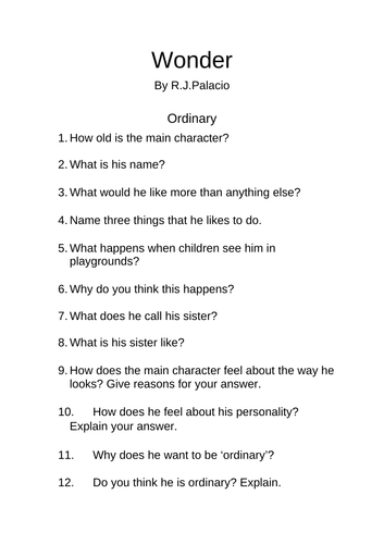 Wonder by RJ Palacio First section 'Ordinary' with questions for ...