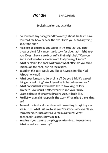 Wonder by RJ Palacio First section 'Ordinary' with questions for ...