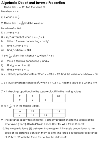 Direct and inverse proportion (algebraic Method) | Teaching Resources