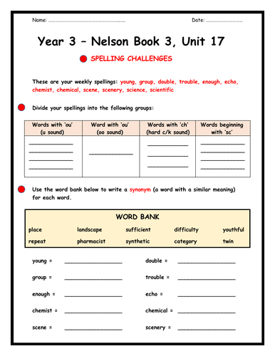 Year 3 Spellings: Nelson Book 3 - Units 17 and 18 | Teaching Resources