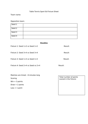 Table Tennis Sport Education Fixture Sheet | Teaching Resources