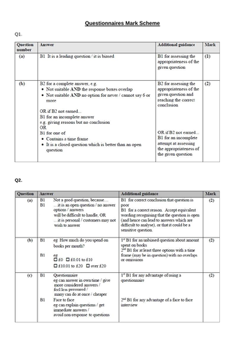 Questionnaires Exam Questions (GCSE Statistics) | Teaching Resources