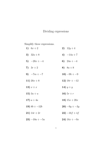 Dividing expressions worksheet (with solutions) | Teaching Resources