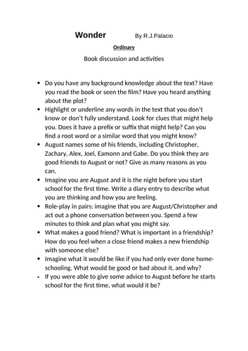 Wonder by RJ Palacio 2nd section text and questions, activity ...