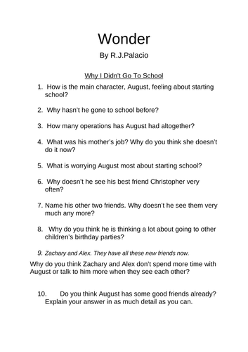 Wonder by RJ Palacio 2nd section text and questions, activity ...