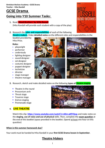 Transition into GCSE Drama Homework Booklet | Teaching Resources