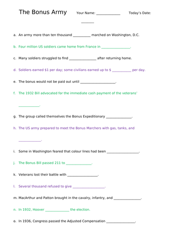 Bonus Army Video Question Sheet | Teaching Resources