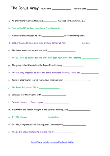 Bonus Army Video Question Sheet | Teaching Resources