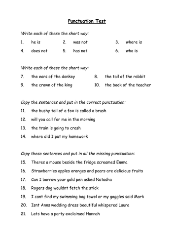 KS2 Worksheet - Punctuation Test 2 (2 versions) | Teaching Resources
