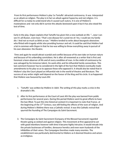 AQA The controversy of Moliere's Le Tartuffe French A level bullet ...