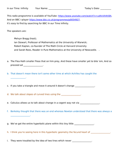 In our Time: Infinity worksheet. | Teaching Resources