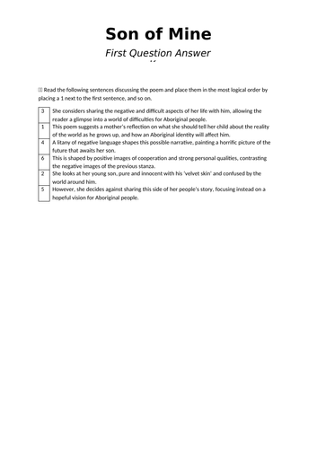 Son of Mine - Oodgeroo Noonuccal - Worksheet | Teaching Resources