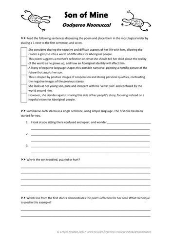 Son of Mine - Oodgeroo Noonuccal - Worksheet | Teaching Resources