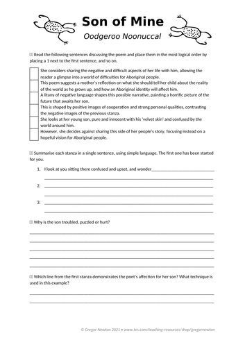 Son of Mine - Oodgeroo Noonuccal - Worksheet | Teaching Resources