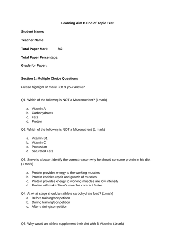 Component 2 LA.B End of Topic Test. BTEC TECH Sport (Pearson ...