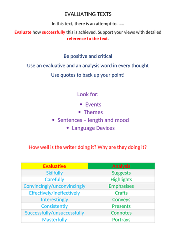 GCSE English Evaluating Texts and Senses | Teaching Resources