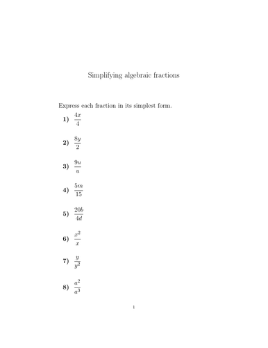 Simplifying algebraic fractions worksheet no 5 (with detailed solutions ...