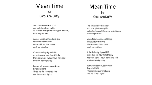 UNSEEN POETRY AQA Mean Time Fully resourced/Model answers etc ...