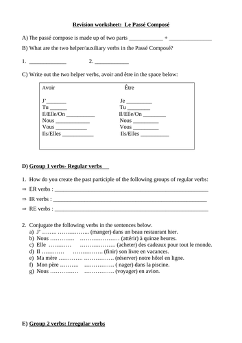 Le passé composé revision worksheet- Avoir + être verbs/ fill in the ...