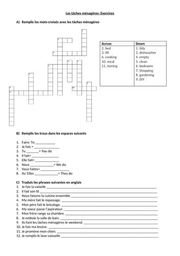 les tâches ménagères-/ household jobs/ chores in French | Teaching ...