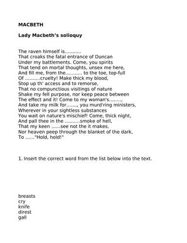 Lesson Plan Foundation Tier Macbeth 'unsex me' speech revision ...