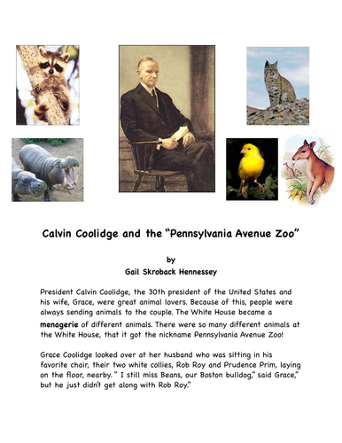Calvin Coolidge and the "Pennsylvania Avenue Zoo". A Reading Activity ...