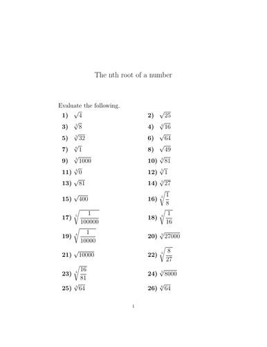 The nth root of a number worksheet (with solutions) | Teaching Resources
