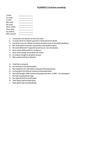 Environmentally themed worksheet to practise the pluperfect tense ...
