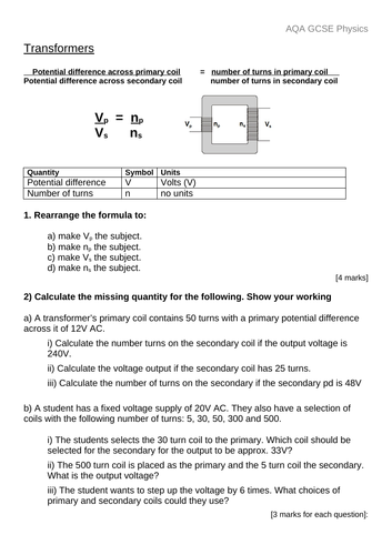 The transformer equation | Teaching Resources