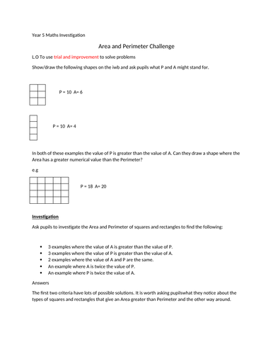 Maths Investigation - Area and Perimeter Challenge | Teaching Resources