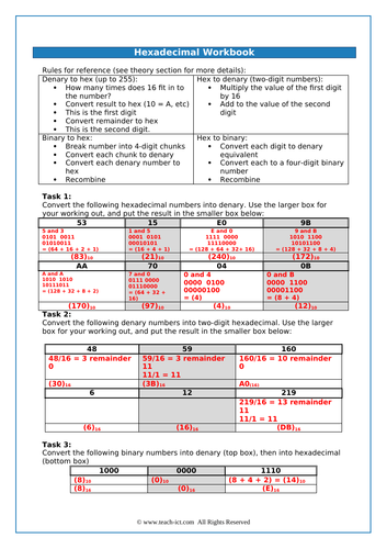 Computer Science Revision Denary Binary And Hexa Decimal Conversion Worksheets Teaching Resources