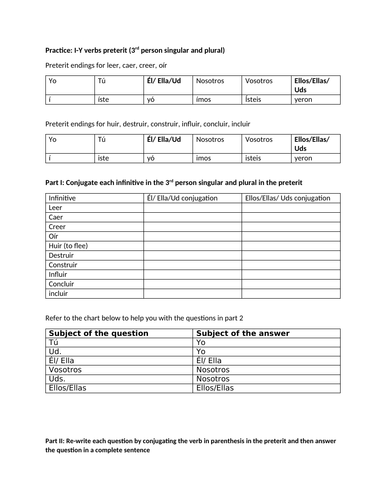 I-Y preterit verbs practice | Teaching Resources