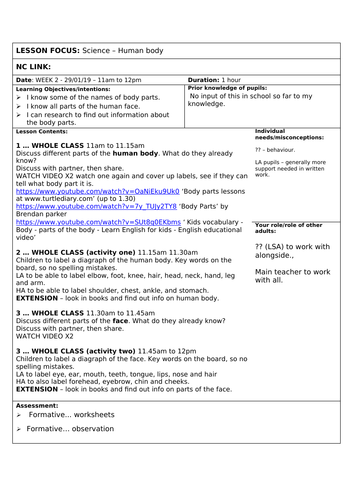 Human Body Science Year 1/2 Lesson | Teaching Resources
