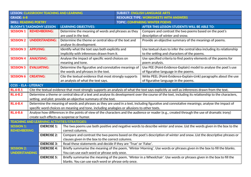 COMPARING WINTER POEMS - READING POETRY: 20 WORKSHEETS WITH ANSWER KEY ...