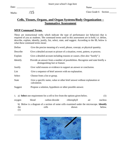 IB MYP Science Summative Assessment - Cells, Tissues, Organs and Organ ...