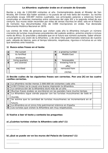 Spanish A Level La Alhambra / El patrimonio cultural Reading ...