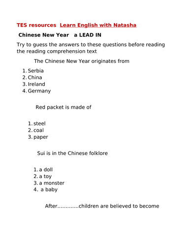 CHINESE NEW YEAR reading comprehension text | Teaching Resources