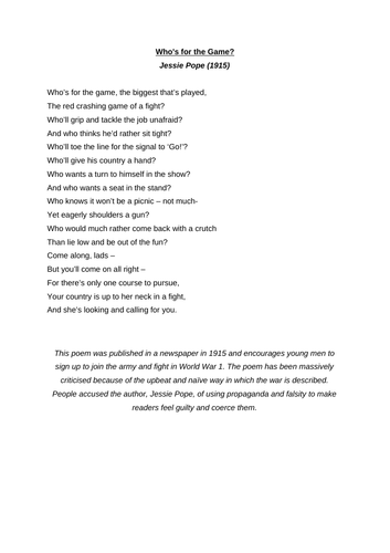 'Who's For the Game' Jessie Pope exploration | Teaching Resources