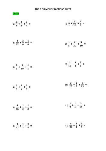 Add 3 or more fractions worksheet | Teaching Resources
