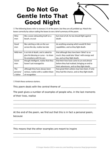 Do Not Go Gentle Into That Good Night ~ Dylan Thomas ~ Worksheets ...