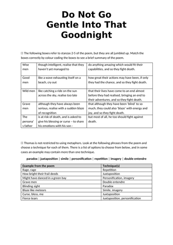 Do Not Go Gentle Into That Good Night ~ Dylan Thomas ~ Worksheets ...