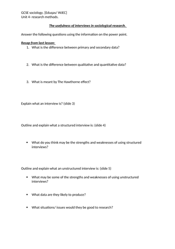 GCSE sociology [EDUQAS/ WJEC]- Research methods. Interviews. | Teaching ...
