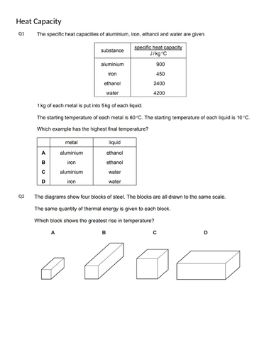 HEAT CAPACITY MCQs(IGCSE 0625 CLASSIFIED WORKSHEET WITH ANSWERS ...