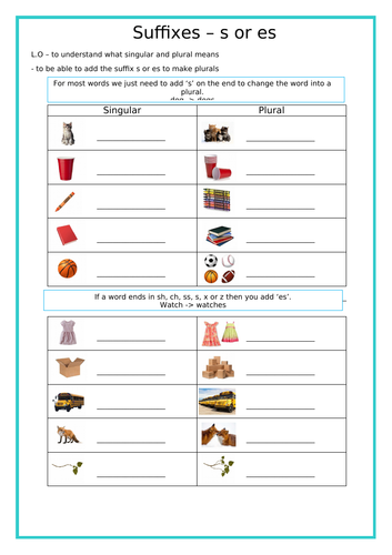 Differentiated suffix 's' and 'es' worksheets | Teaching Resources