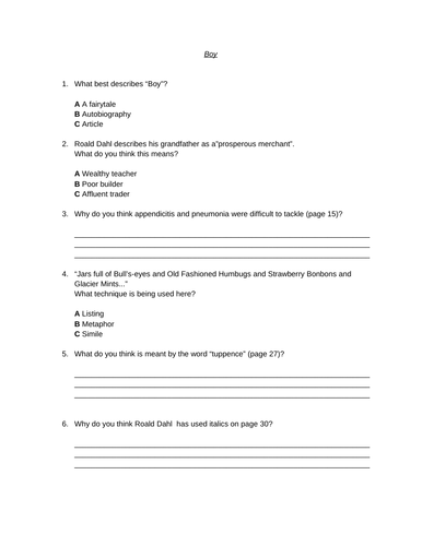 Boy - Roald Dahl Comprehension Questions | Teaching Resources